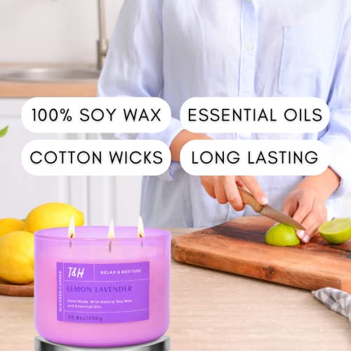 3 Wick Candle - Lemon Lavender Scented Candle with Cedar, Ylang-Ylang & Violet – Strong Candles for Home Scented – Aromatherapy Candle 15.8 oz - Lavender Candle - Natural Soy Candles for Men & Women