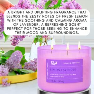 3 Wick Candle - Lemon Lavender Scented Candle with Cedar, Ylang-Ylang & Violet – Strong Candles for Home Scented – Aromatherapy Candle 15.8 oz - Lavender Candle - Natural Soy Candles for Men & Women