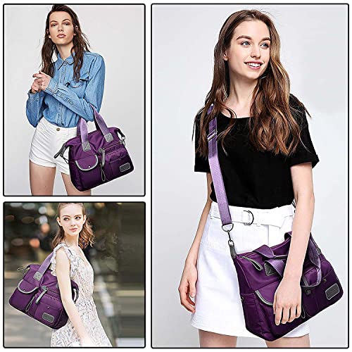 Women Lightweight Nylon Tote Bag Multiple Pockets Top Handle Handbag Ladies Purse Work Totes Travel Crossbody Shoulder Bag (Purple)