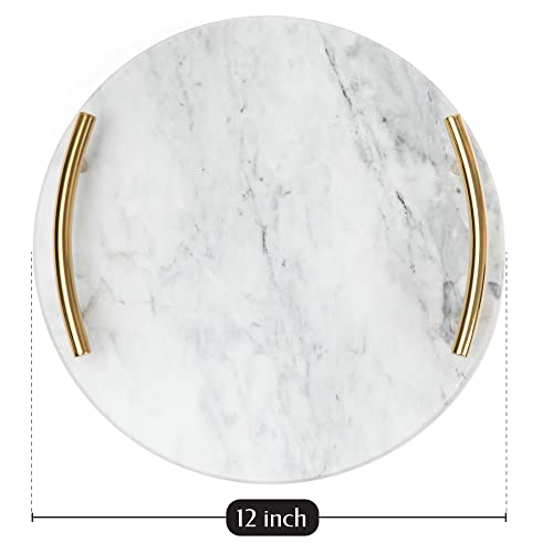 White Marble Tray with Gold Handles - Marble Perfume Tray for Vanity - Round Decorative Tray (Round, White)