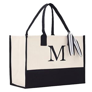 vanessa rosella monogram tote bag with 100% cotton canvas and a chic personalized monogram (black block letter – m)