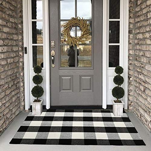 Buffalo Plaid Check Rug - 27.5''x43'' Cotton Hand-Woven Indoor/Outdoor Area Rugs for Layered Door Mats Washable Carpet for Porch/Kitchen/Farmhouse Black/White