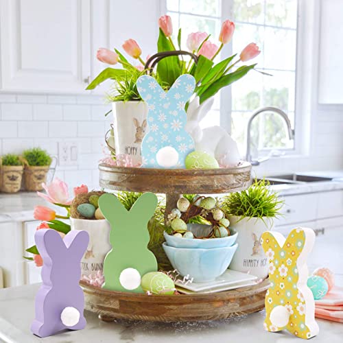 Easter Wood Bunnies, Easter Tiered Tray Peeps Decor 4 PCS, Spring Rabbit Wooden Decorations, Pastel Purple Green Bunny Decors with Cotton Tails, Rustic Easter Farmhouse Bowl Fillers Riser