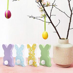 Easter Wood Bunnies, Easter Tiered Tray Peeps Decor 4 PCS, Spring Rabbit Wooden Decorations, Pastel Purple Green Bunny Decors with Cotton Tails, Rustic Easter Farmhouse Bowl Fillers Riser