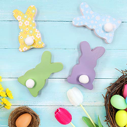 Easter Wood Bunnies, Easter Tiered Tray Peeps Decor 4 PCS, Spring Rabbit Wooden Decorations, Pastel Purple Green Bunny Decors with Cotton Tails, Rustic Easter Farmhouse Bowl Fillers Riser