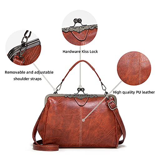 ROUROU Retro Hollow Handbag for Women PU Leather Shoulder Bag Evening Clutch Bag Kiss Lock Closure Crossbody Bag Purse