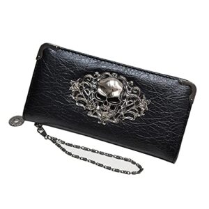 downupdown skull wallets for women zipper wallet shiny faux leather clutch handbags chian wristlets bag card pockets long cion purse-black