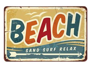 aoyego beach tin sign,wave bird fly ocean fun arrow sand surf relax vintage metal tin signs for cafes bars pubs shop wall decorative funny retro signs for men women 8×12 inch