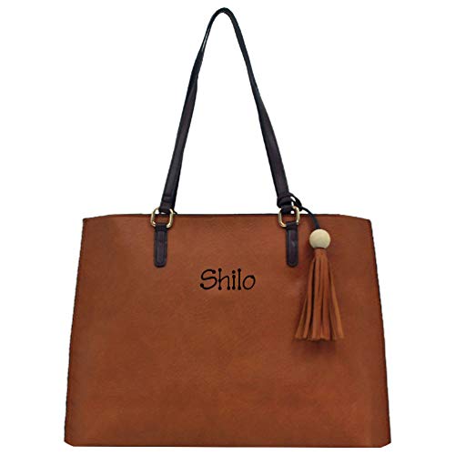 Synthetic Faux Leather Tote with Tassel Personalized with Name or Initials (Brown)