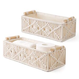 mkono macrame storage baskets boho decor box handmade woven decorative countertop toilet tank shelf cabinet organizer for bedroom livingroom home, set of 2, ivory