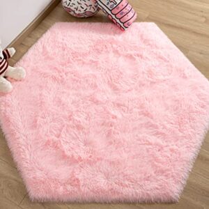 EVOIONOS Pink Hexagon Rug for Princess Tent , Fluffy Area Rug for Kids Room , 4.6X4 FT , for Girls Tent , Furry Soft Nursery Rug , Fuzzy Plush Carpet for Teen Girls Bedroom