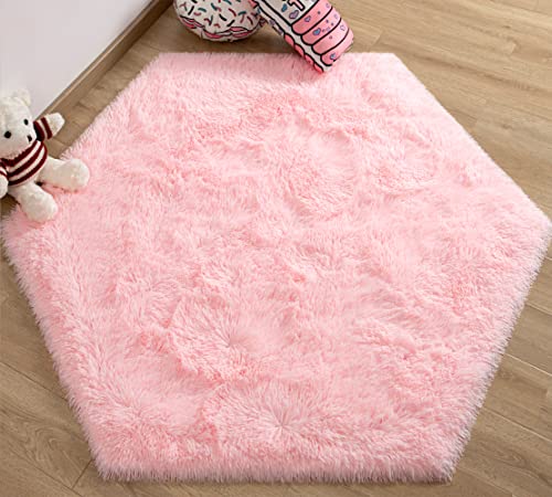 EVOIONOS Pink Hexagon Rug for Princess Tent , Fluffy Area Rug for Kids Room , 4.6X4 FT , for Girls Tent , Furry Soft Nursery Rug , Fuzzy Plush Carpet for Teen Girls Bedroom