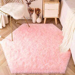 EVOIONOS Pink Hexagon Rug for Princess Tent , Fluffy Area Rug for Kids Room , 4.6X4 FT , for Girls Tent , Furry Soft Nursery Rug , Fuzzy Plush Carpet for Teen Girls Bedroom