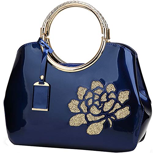 ZiMing Women Handbags Shiny Patent Leather&Floral Embroid Top Handle Handbag Purses Tote Bags Satchel Shoulder Crossbody Bag-Blue