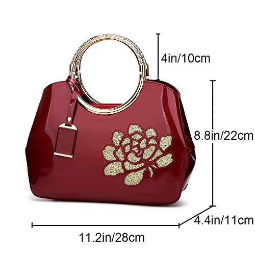 ZiMing Women Handbags Shiny Patent Leather&Floral Embroid Top Handle Handbag Purses Tote Bags Satchel Shoulder Crossbody Bag-Blue