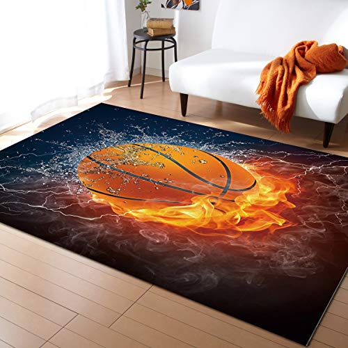 KITHOME Contemporary Non-Slip Area Rug Cool 3D Basketball with Flame Print Printed Rugs Art Carnival Rubber Backing Living Room Floor Mats Rectangle Area Rug Carpet for Indoor 2'x3'