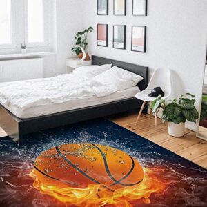 KITHOME Contemporary Non-Slip Area Rug Cool 3D Basketball with Flame Print Printed Rugs Art Carnival Rubber Backing Living Room Floor Mats Rectangle Area Rug Carpet for Indoor 2'x3'