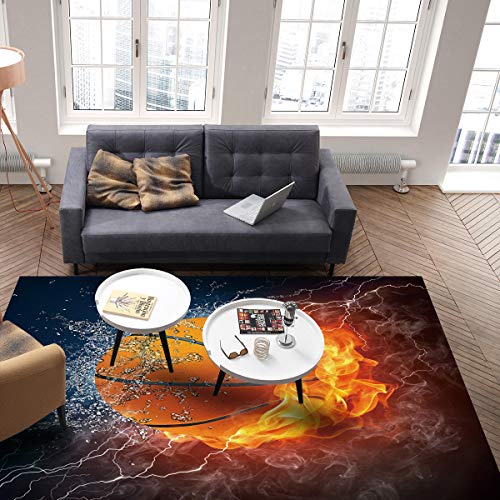 KITHOME Contemporary Non-Slip Area Rug Cool 3D Basketball with Flame Print Printed Rugs Art Carnival Rubber Backing Living Room Floor Mats Rectangle Area Rug Carpet for Indoor 2'x3'