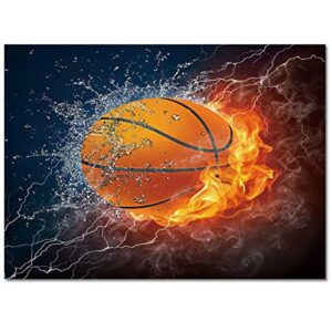 KITHOME Contemporary Non-Slip Area Rug Cool 3D Basketball with Flame Print Printed Rugs Art Carnival Rubber Backing Living Room Floor Mats Rectangle Area Rug Carpet for Indoor 2'x3'