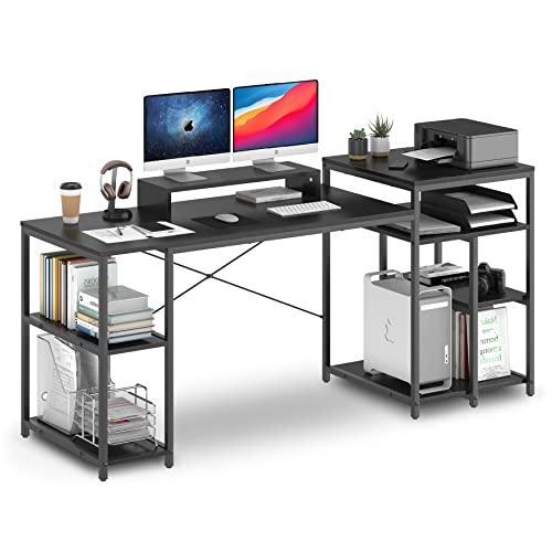 HYPIGO Desk with Printer Space Home Office Desks 69 Inch Computer Desk with Storage Study Table Writing Desk with Shelves and Bookshelf Large Gaming Desk with Monitor Shelf Easy Assemble, Black