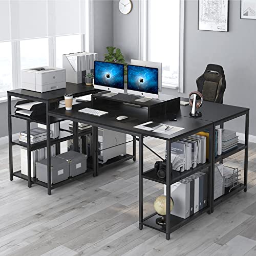 HYPIGO Desk with Printer Space Home Office Desks 69 Inch Computer Desk with Storage Study Table Writing Desk with Shelves and Bookshelf Large Gaming Desk with Monitor Shelf Easy Assemble, Black