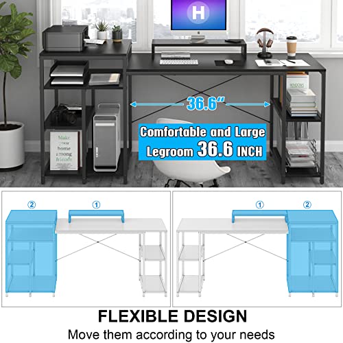 HYPIGO Desk with Printer Space Home Office Desks 69 Inch Computer Desk with Storage Study Table Writing Desk with Shelves and Bookshelf Large Gaming Desk with Monitor Shelf Easy Assemble, Black