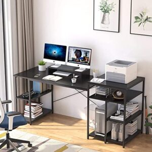 HYPIGO Desk with Printer Space Home Office Desks 69 Inch Computer Desk with Storage Study Table Writing Desk with Shelves and Bookshelf Large Gaming Desk with Monitor Shelf Easy Assemble, Black