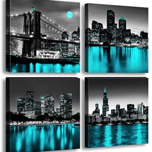 JiazuGo Wall Decorations Chicago Boston Los Angeles Brooklyn Bridge Skyline Canvas Art Black White USA New York City Pictures Teal Turquoise Lake Water Building Cityscape Home Living Room Office