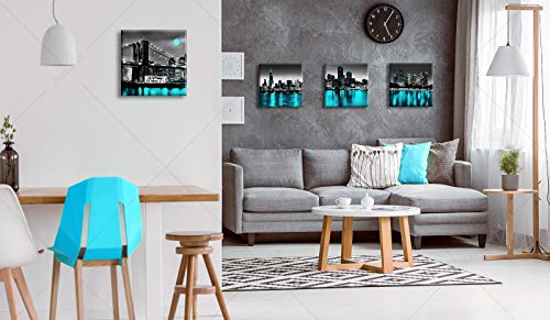 JiazuGo Wall Decorations Chicago Boston Los Angeles Brooklyn Bridge Skyline Canvas Art Black White USA New York City Pictures Teal Turquoise Lake Water Building Cityscape Home Living Room Office