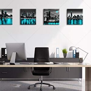 JiazuGo Wall Decorations Chicago Boston Los Angeles Brooklyn Bridge Skyline Canvas Art Black White USA New York City Pictures Teal Turquoise Lake Water Building Cityscape Home Living Room Office