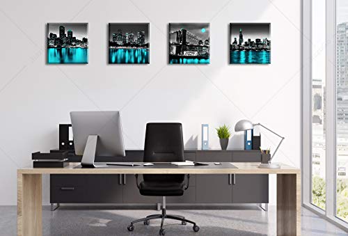 JiazuGo Wall Decorations Chicago Boston Los Angeles Brooklyn Bridge Skyline Canvas Art Black White USA New York City Pictures Teal Turquoise Lake Water Building Cityscape Home Living Room Office