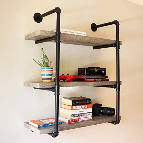 Sunnydaze 3-Tier Wall-Mount Bookshelf - Industrial Pipe Style Frame with Veneer Floating Shelves - Holds Books, Media, Storage Cubes, DVDs and More - Oak Gray