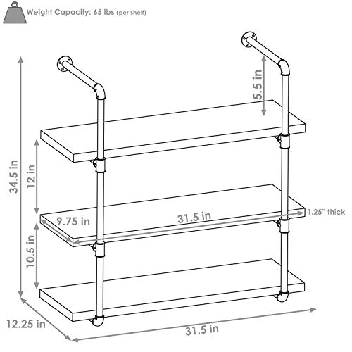 Sunnydaze 3-Tier Wall-Mount Bookshelf - Industrial Pipe Style Frame with Veneer Floating Shelves - Holds Books, Media, Storage Cubes, DVDs and More - Oak Gray