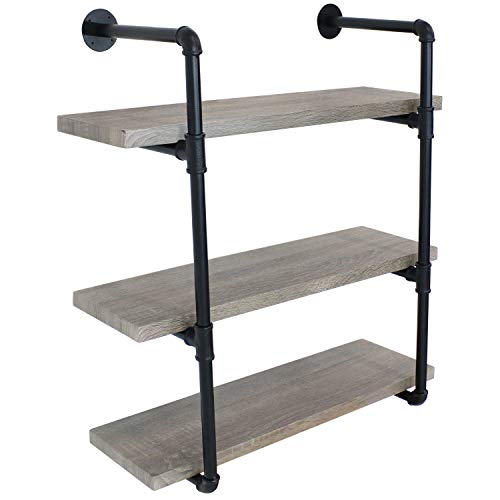 Sunnydaze 3-Tier Wall-Mount Bookshelf - Industrial Pipe Style Frame with Veneer Floating Shelves - Holds Books, Media, Storage Cubes, DVDs and More - Oak Gray