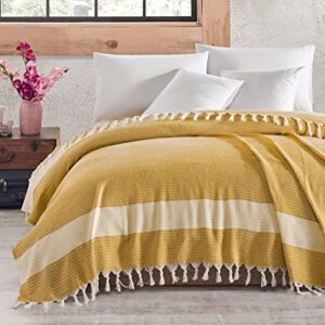 Aegean Concept - 100% Organic Cotton Turkish Throw Blanket ; 90" x 63" (230 cm x 160 cm) Twin Size Modern Boho Rustic Bedspread for Chair, Bed or Couch | Indoor or Outdoor Cozy Hand Woven-Yellow