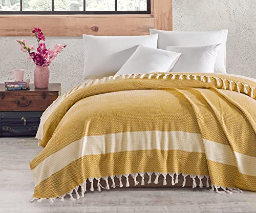 Aegean Concept - 100% Organic Cotton Turkish Throw Blanket ; 90" x 63" (230 cm x 160 cm) Twin Size Modern Boho Rustic Bedspread for Chair, Bed or Couch | Indoor or Outdoor Cozy Hand Woven-Yellow