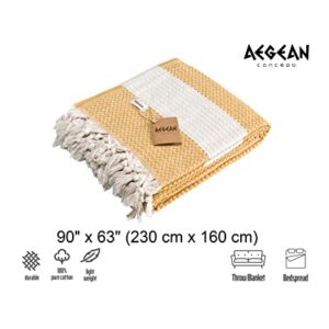 Aegean Concept - 100% Organic Cotton Turkish Throw Blanket ; 90" x 63" (230 cm x 160 cm) Twin Size Modern Boho Rustic Bedspread for Chair, Bed or Couch | Indoor or Outdoor Cozy Hand Woven-Yellow