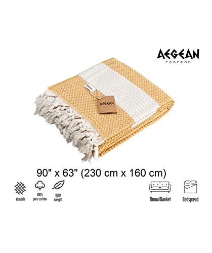 Aegean Concept - 100% Organic Cotton Turkish Throw Blanket ; 90" x 63" (230 cm x 160 cm) Twin Size Modern Boho Rustic Bedspread for Chair, Bed or Couch | Indoor or Outdoor Cozy Hand Woven-Yellow