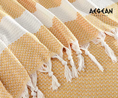 Aegean Concept - 100% Organic Cotton Turkish Throw Blanket ; 90" x 63" (230 cm x 160 cm) Twin Size Modern Boho Rustic Bedspread for Chair, Bed or Couch | Indoor or Outdoor Cozy Hand Woven-Yellow