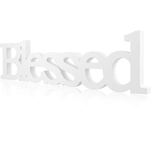 Blessed Letter Table Sign Blessed Standing Letter Table Sign Rustic Wooden Home Signs Decor for Valentine's Day Wedding Graduation Party Baby Shower First Communion Christening Decorations (White)