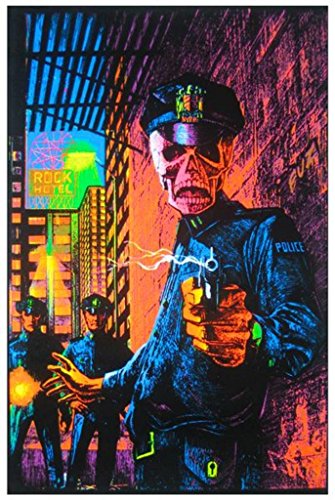 Name of The Law Zombie Blacklight Poster Classic Retro Trippy Flocked Felt Velvet UV Black Light Reactive Psychedelic Cops Police Skeleton Skull Fantasy 23x35 inch