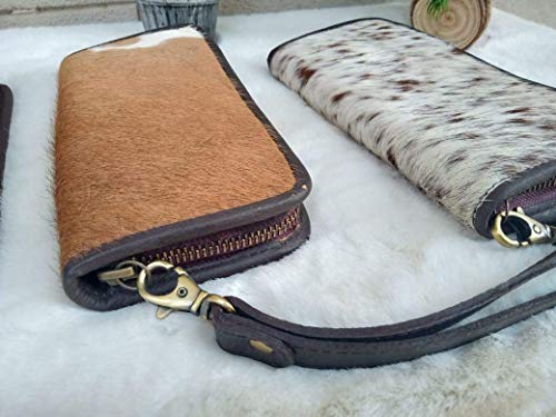 Womens Zipper Wristlet Clutch - Brown Cow Hide Cow Skin Leather Hand Clutch Zip Phone Wallet Clutch Card Case 8' X 4' - Gift for her