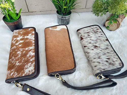 Womens Zipper Wristlet Clutch - Brown Cow Hide Cow Skin Leather Hand Clutch Zip Phone Wallet Clutch Card Case 8' X 4' - Gift for her