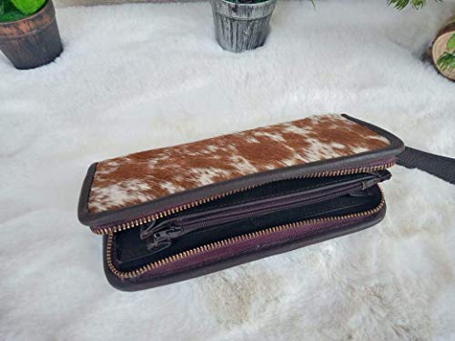 Womens Zipper Wristlet Clutch - Brown Cow Hide Cow Skin Leather Hand Clutch Zip Phone Wallet Clutch Card Case 8' X 4' - Gift for her