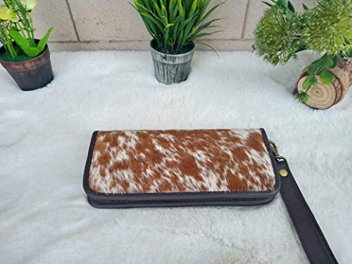 Womens Zipper Wristlet Clutch - Brown Cow Hide Cow Skin Leather Hand Clutch Zip Phone Wallet Clutch Card Case 8' X 4' - Gift for her