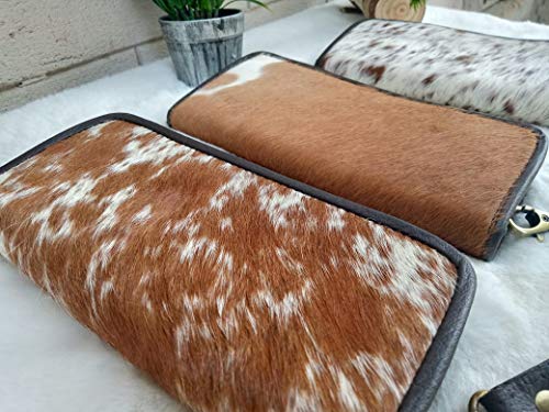 Womens Zipper Wristlet Clutch - Brown Cow Hide Cow Skin Leather Hand Clutch Zip Phone Wallet Clutch Card Case 8' X 4' - Gift for her