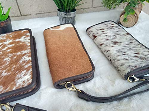 Womens Zipper Wristlet Clutch - Brown Cow Hide Cow Skin Leather Hand Clutch Zip Phone Wallet Clutch Card Case 8' X 4' - Gift for her