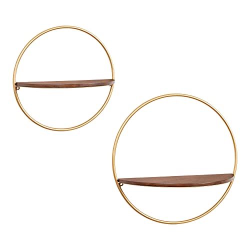 Kate and Laurel Maxfield Mid-Century Wall Shelf, Set of 2, Walnut and Gold, Chic Round Wall Decor for Storage and Display