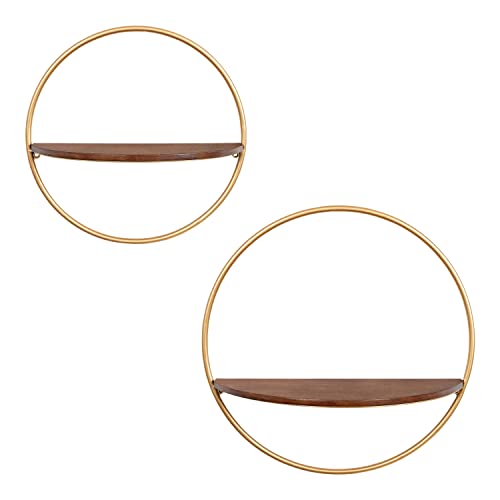 Kate and Laurel Maxfield Mid-Century Wall Shelf, Set of 2, Walnut and Gold, Chic Round Wall Decor for Storage and Display