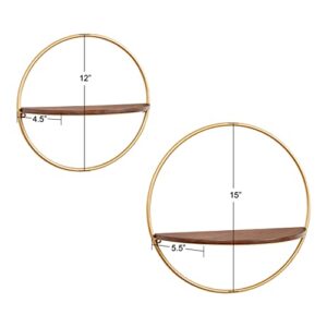 Kate and Laurel Maxfield Mid-Century Wall Shelf, Set of 2, Walnut and Gold, Chic Round Wall Decor for Storage and Display